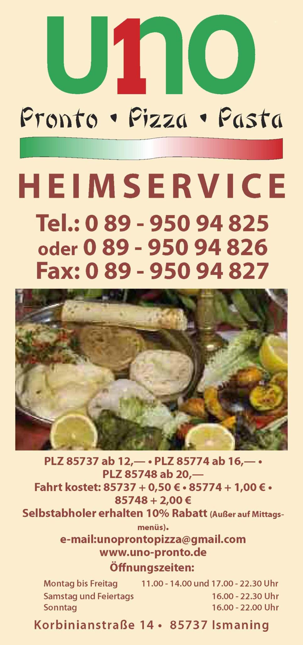 Speisekarte – Uno pronto Pizza & Paste Heimservice